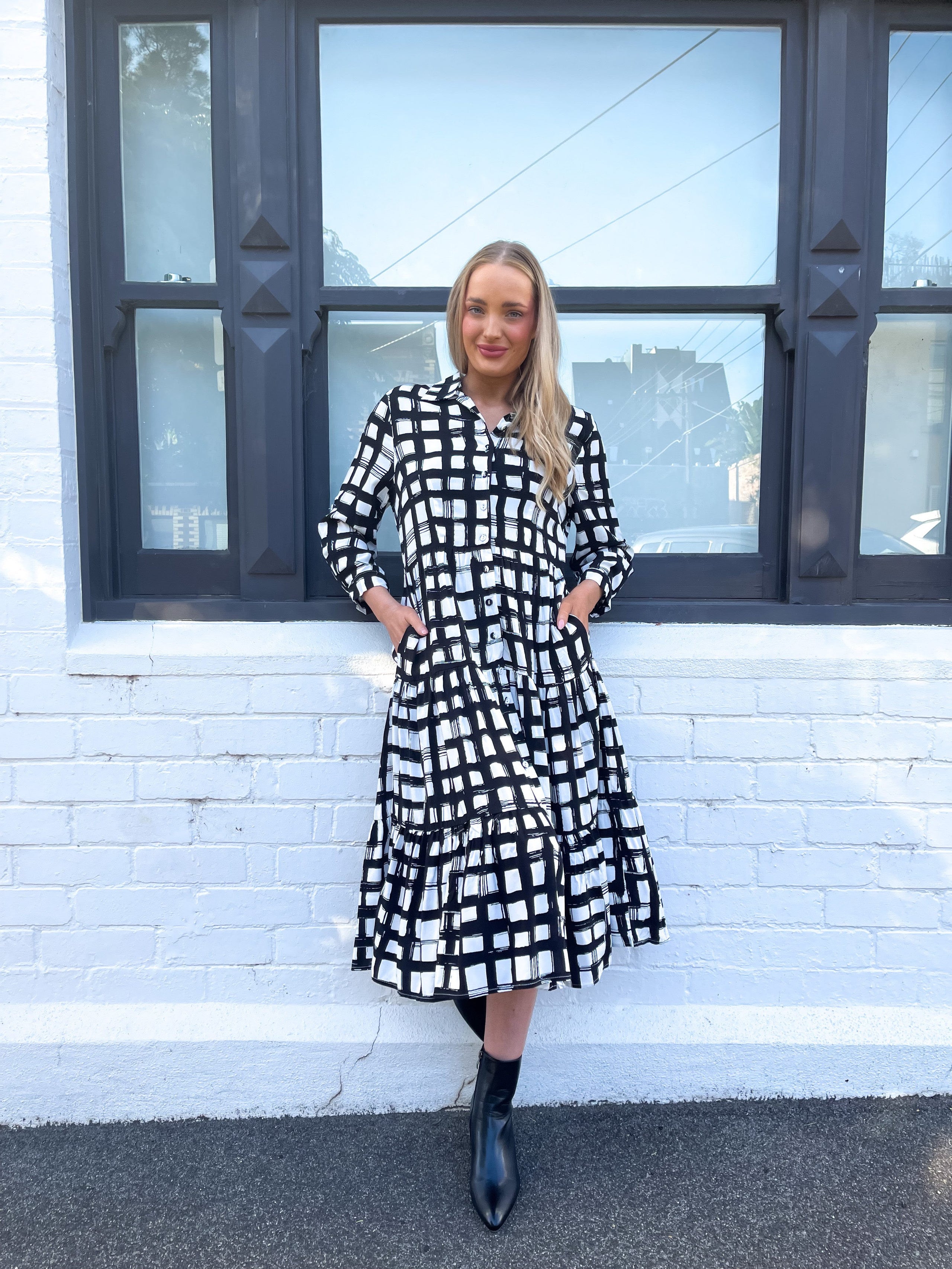 Fria The Label; Silver Wishes Collection | Grid Check Tier Shirt Dress ...